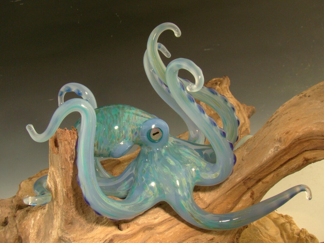 7" Blue Glass Octopus Sculpture Figurine Aquarium Nautical Home Décor ...