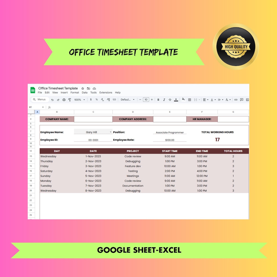 Office Timesheet Template | Editable in Google Sheets and Excel | Work ...