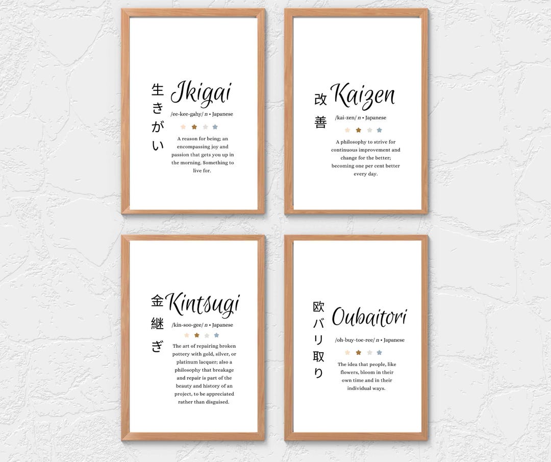Pôster Ikigai, conjunto de 4, Kaizen Kintsugi Oubaitori Definição, Arte ...