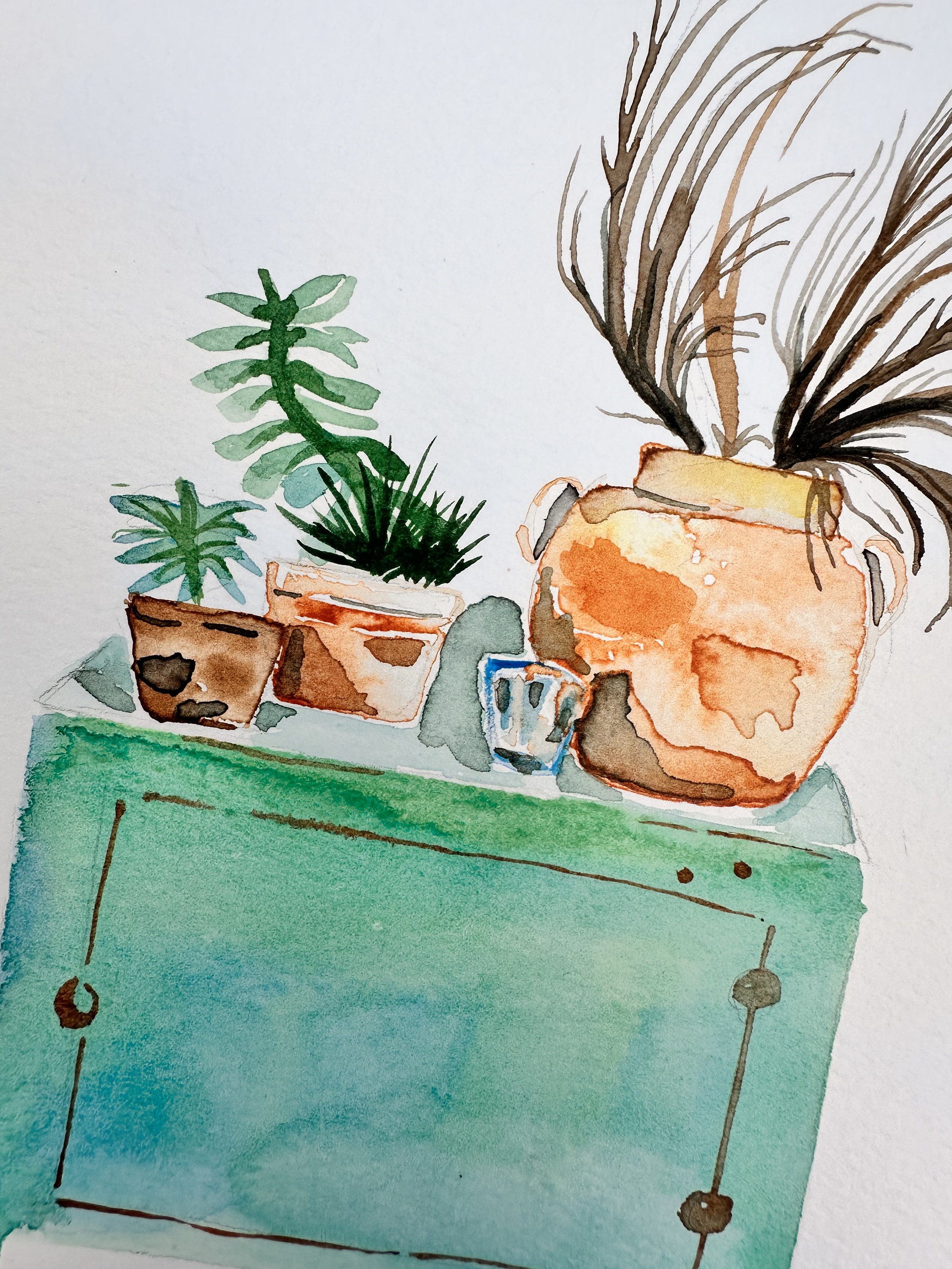 Watercolor Original Art Print of Succulents on a Turquoise Vanity ...