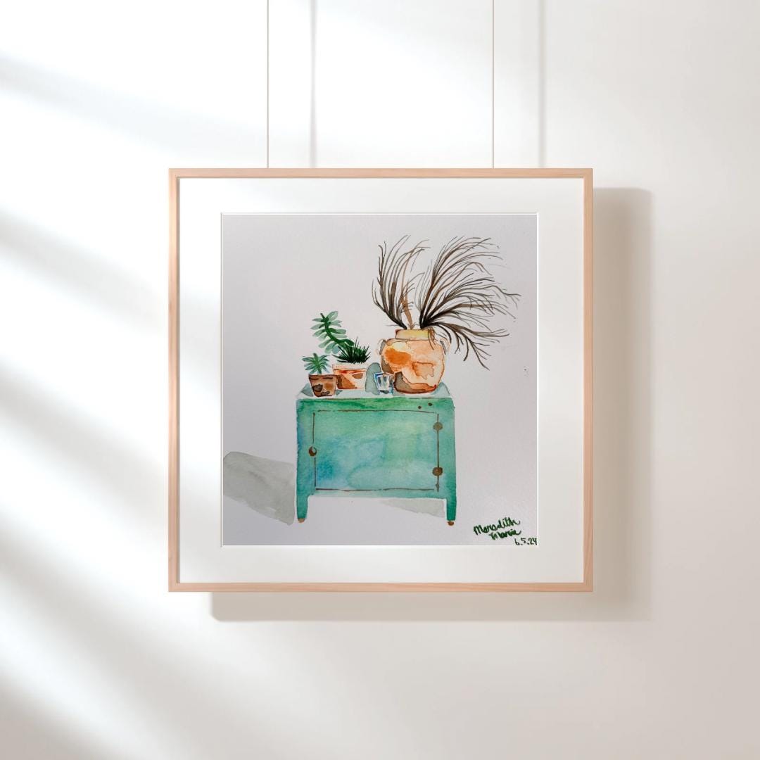 Watercolor Original Art Print of Succulents on a Turquoise Vanity ...