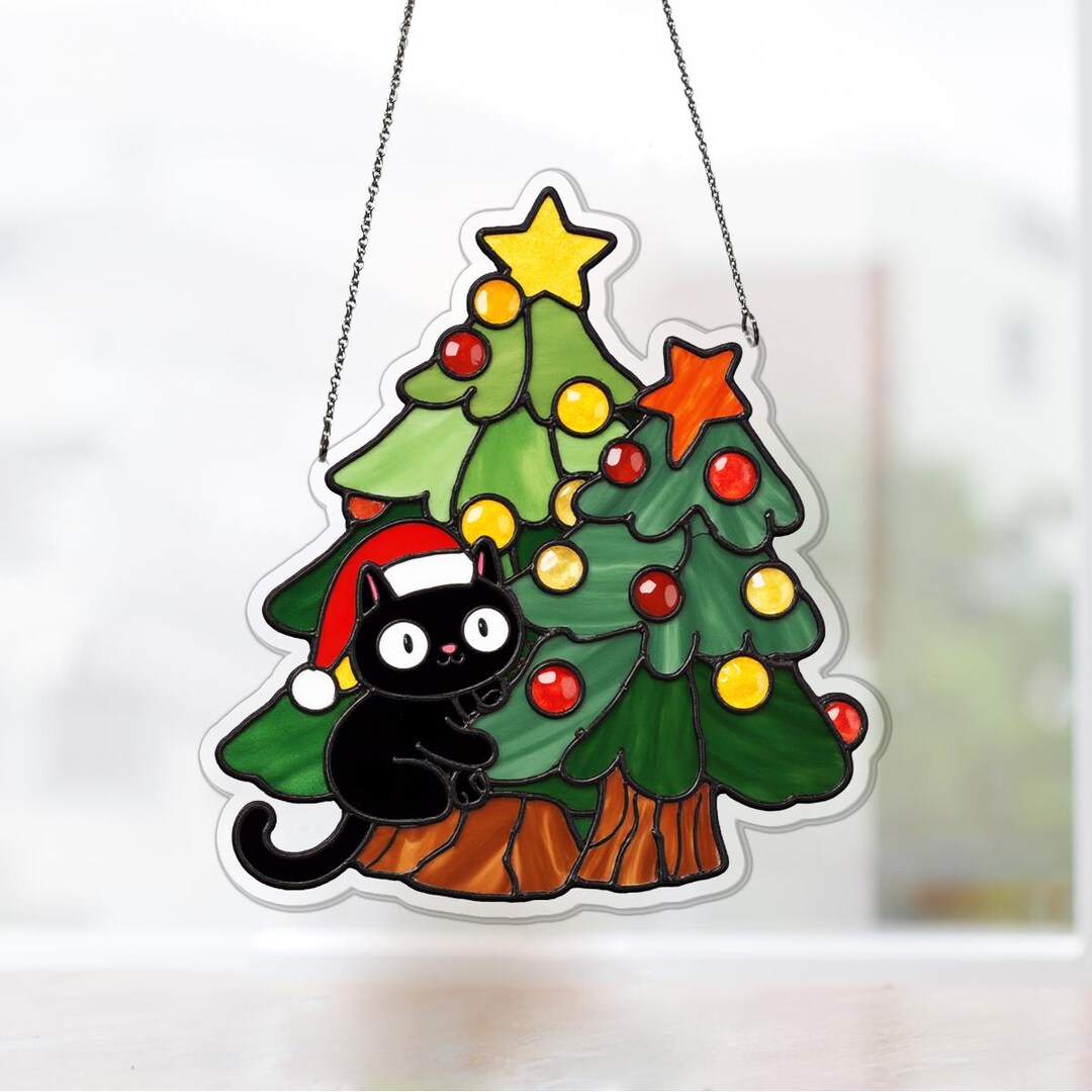 Nestling Cat Acrylic Suncatcher, by the Christmas Tree, Holiday Window ...