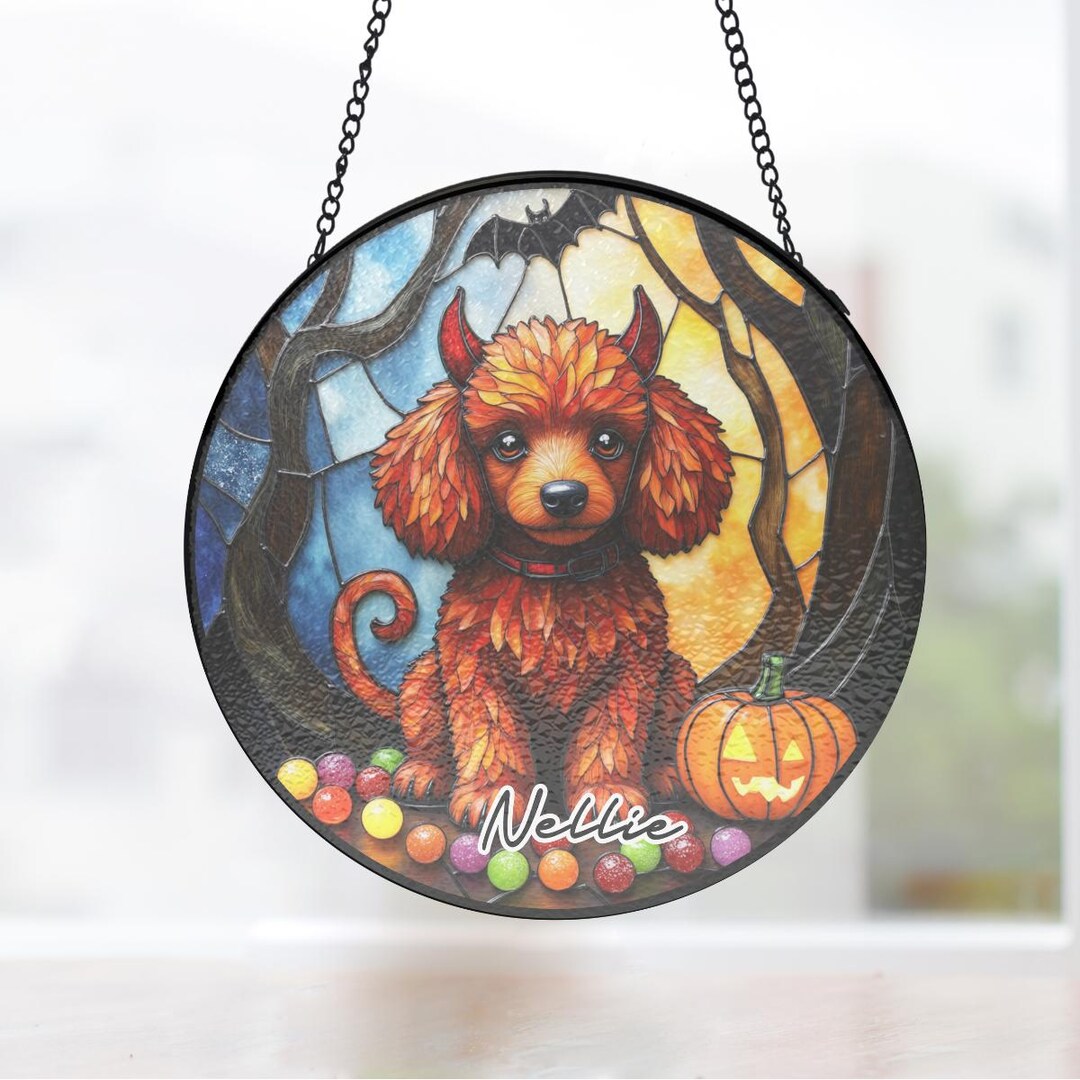 Custom Poodle Dog Little Devil Dog Costume Orange-blue Suncatcher, Fall ...
