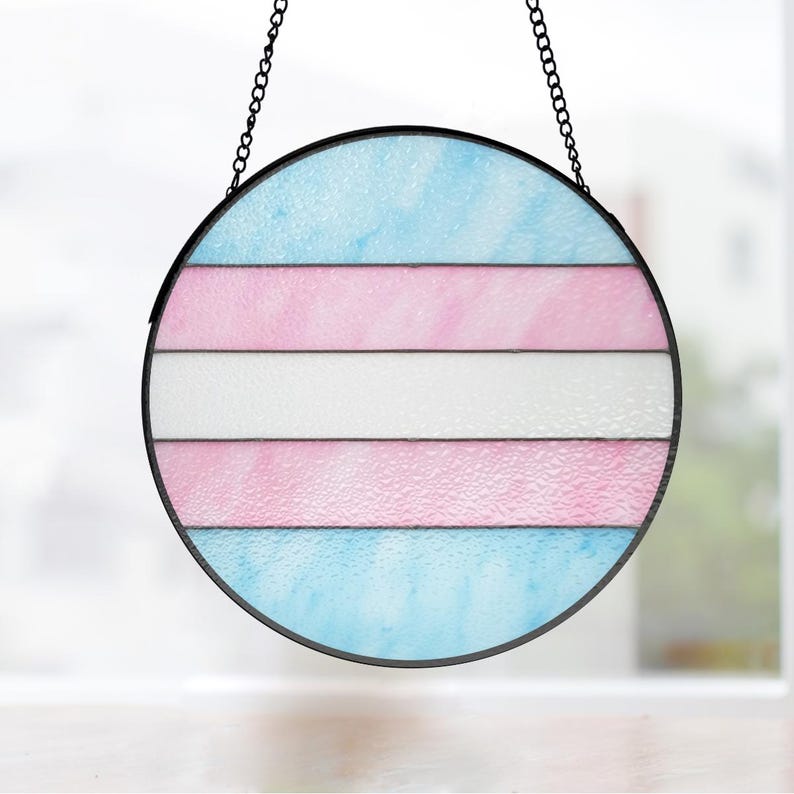 Round Stained Glass Transgender Flag Suncatcher - LGBTQIA Home Decor ...
