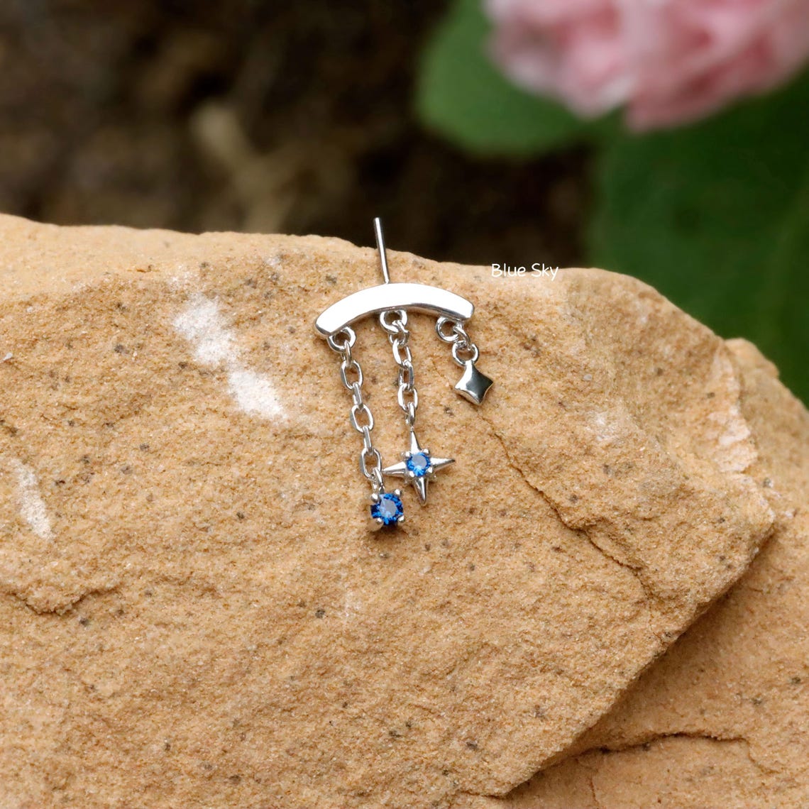 Right Ear Vertical Helix Dangle Earrings Blue Gems/ Star Chain ...