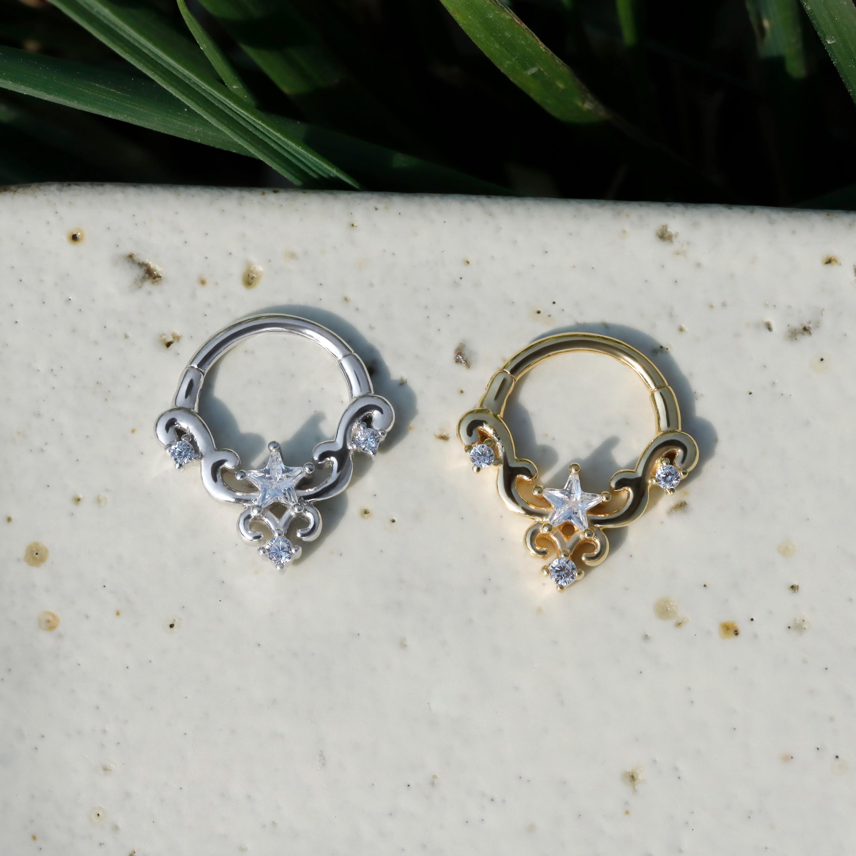 Star-shape CZ Septum Ring: Sterling Silver Plated 18K Gold, Alt Fashion ...