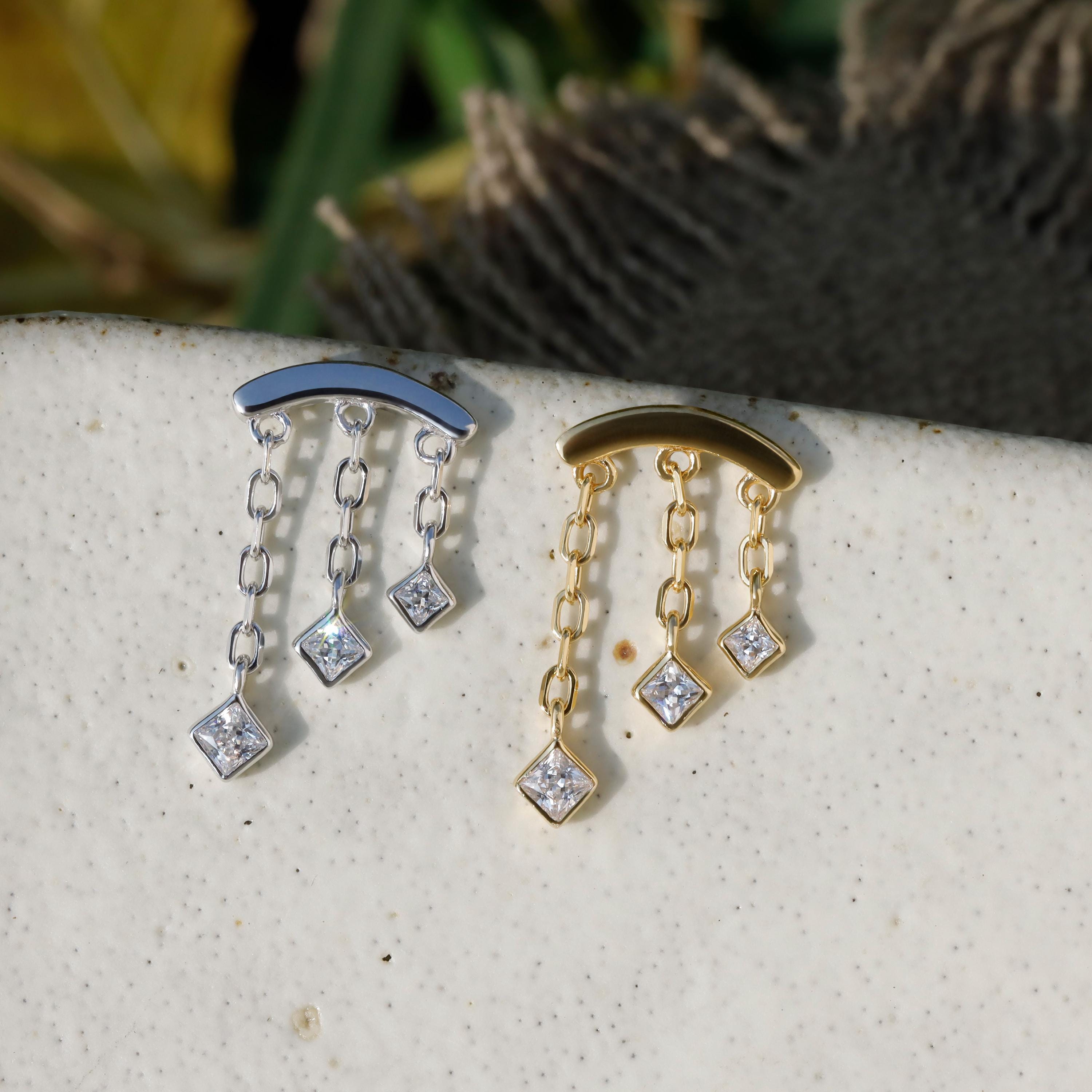 Triple Square CZ Hidden Helix Earring Stud: S925 Silver Floating Helix ...