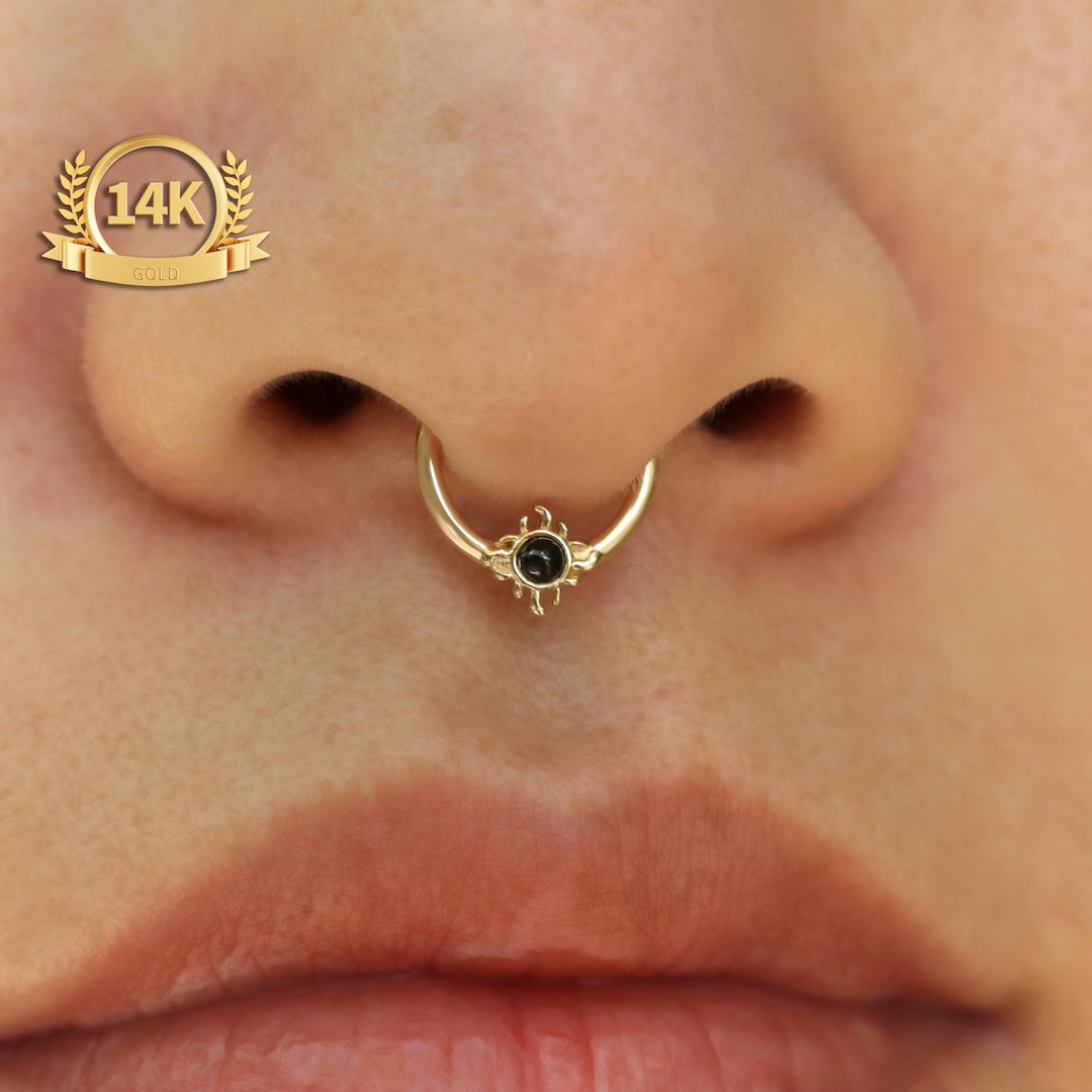 14K 16G Sun Hinged Septum Clicker Black CZ, Hinged Solid Gold Septum ...