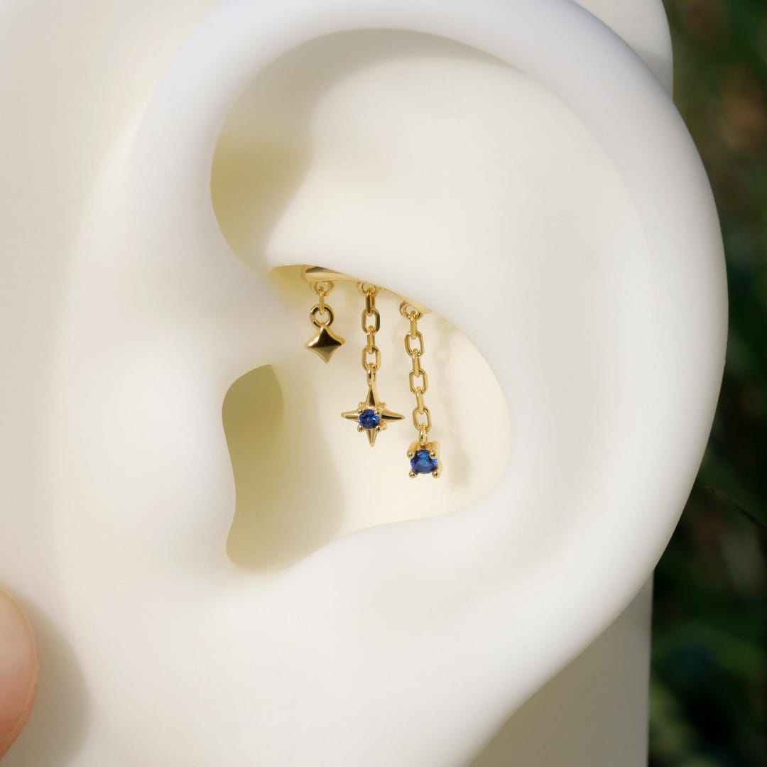 Designed for Hidden Rook Piercing/ Blue Star Chain Dangle Earrings in ...
