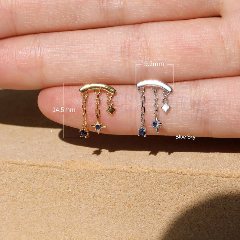 Right Ear Hidden Helix Chain Earring 925 Silver / Blue Star Dangle ...