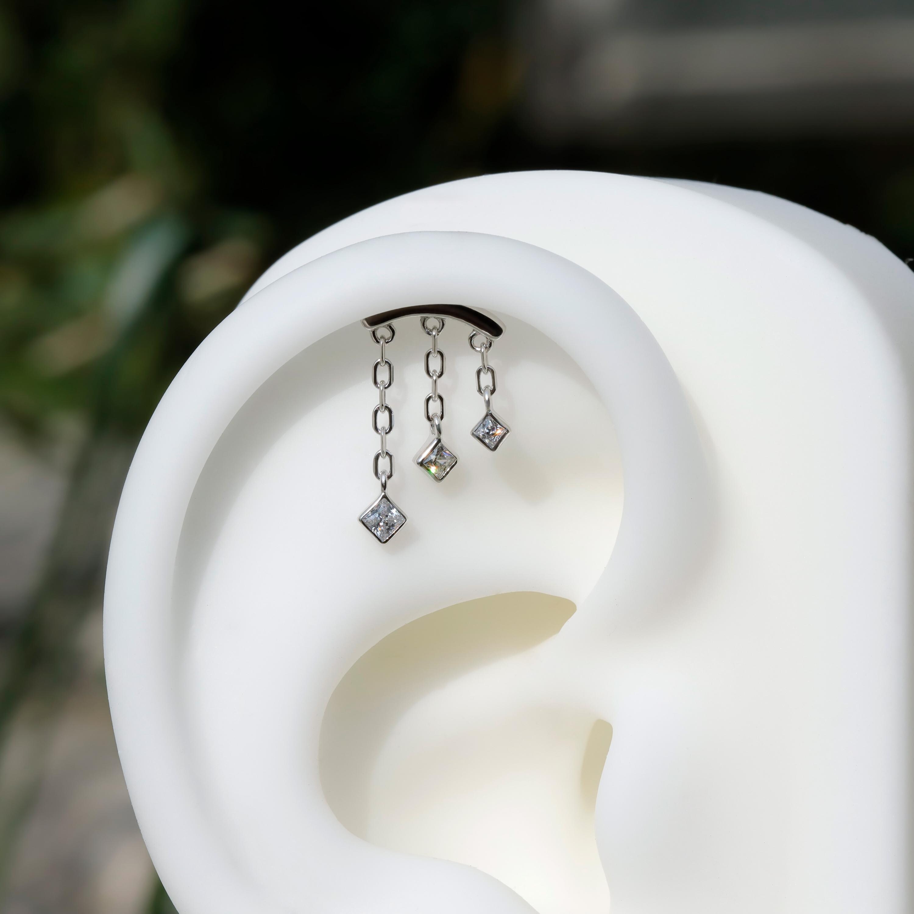 Triple Square CZ Hidden Helix Earring Stud: S925 Silver Floating Helix ...