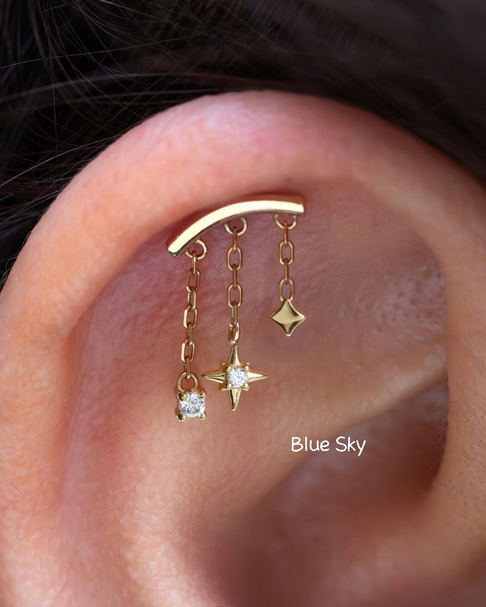 Right Ear Hidden Helix Chain Earring 925 Silver/ Star Dangle Earring ...