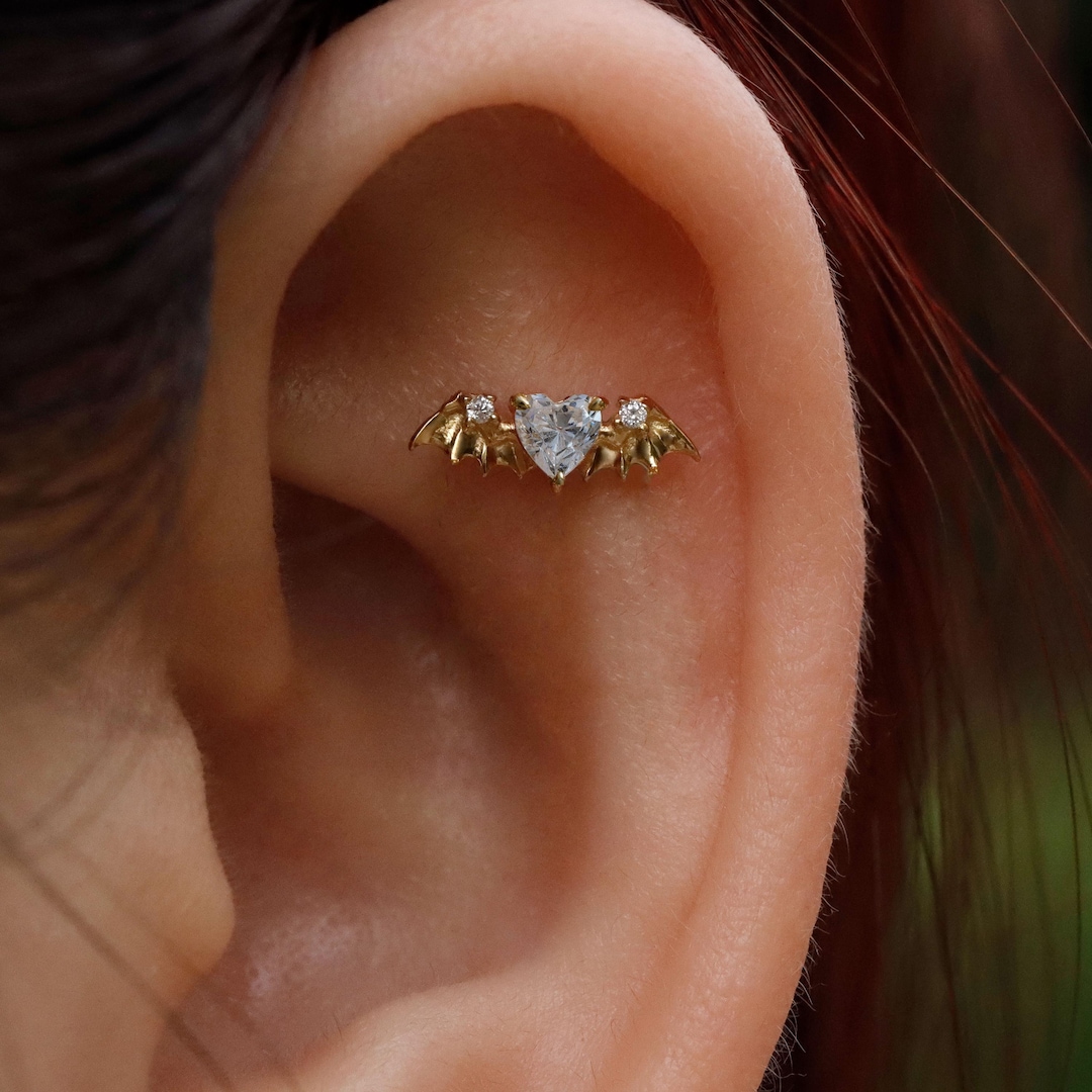 Bat Wing Heart Gem Flat Helix Threadless Stud: Sterling Silver ...