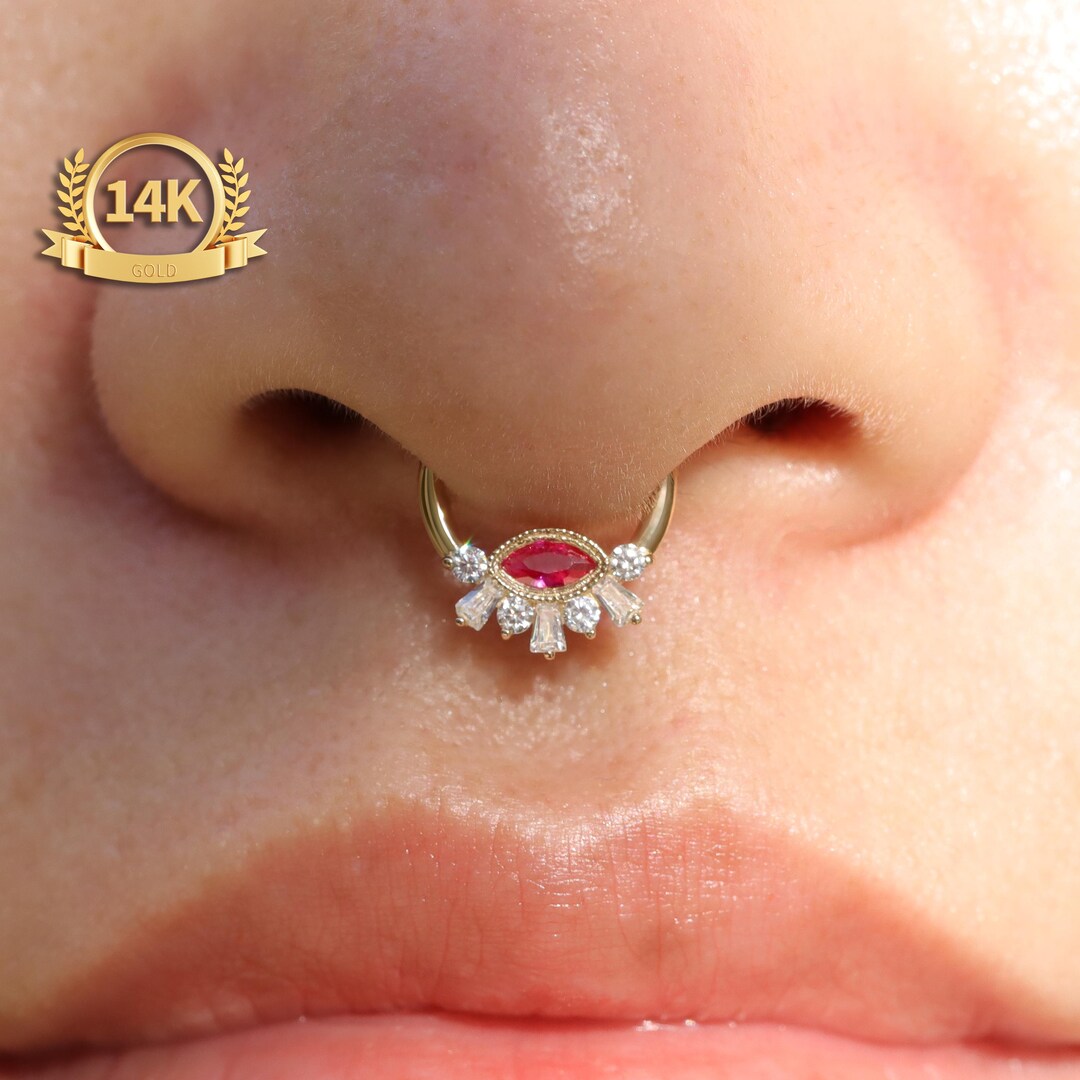 14K Solid Gold Pink Crystal Septum Ring| 16G Hinged Septum Clicker ...