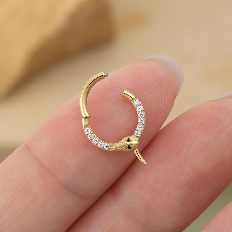 Implant Titanium Snake CZ Septum Ring 16G Gold Hinged Septum Click Nose ...
