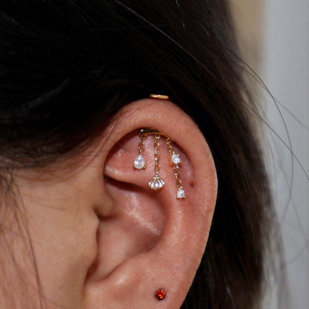 Designed for Vertical Helix Piercing/925 Silver Helix Chain Earring 18K ...
