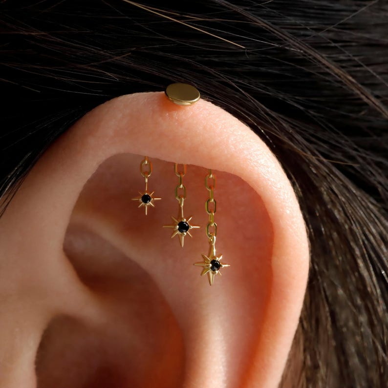 Triple Dark North Star Vertical Helix Stud Earring, 18K Gold Plated ...