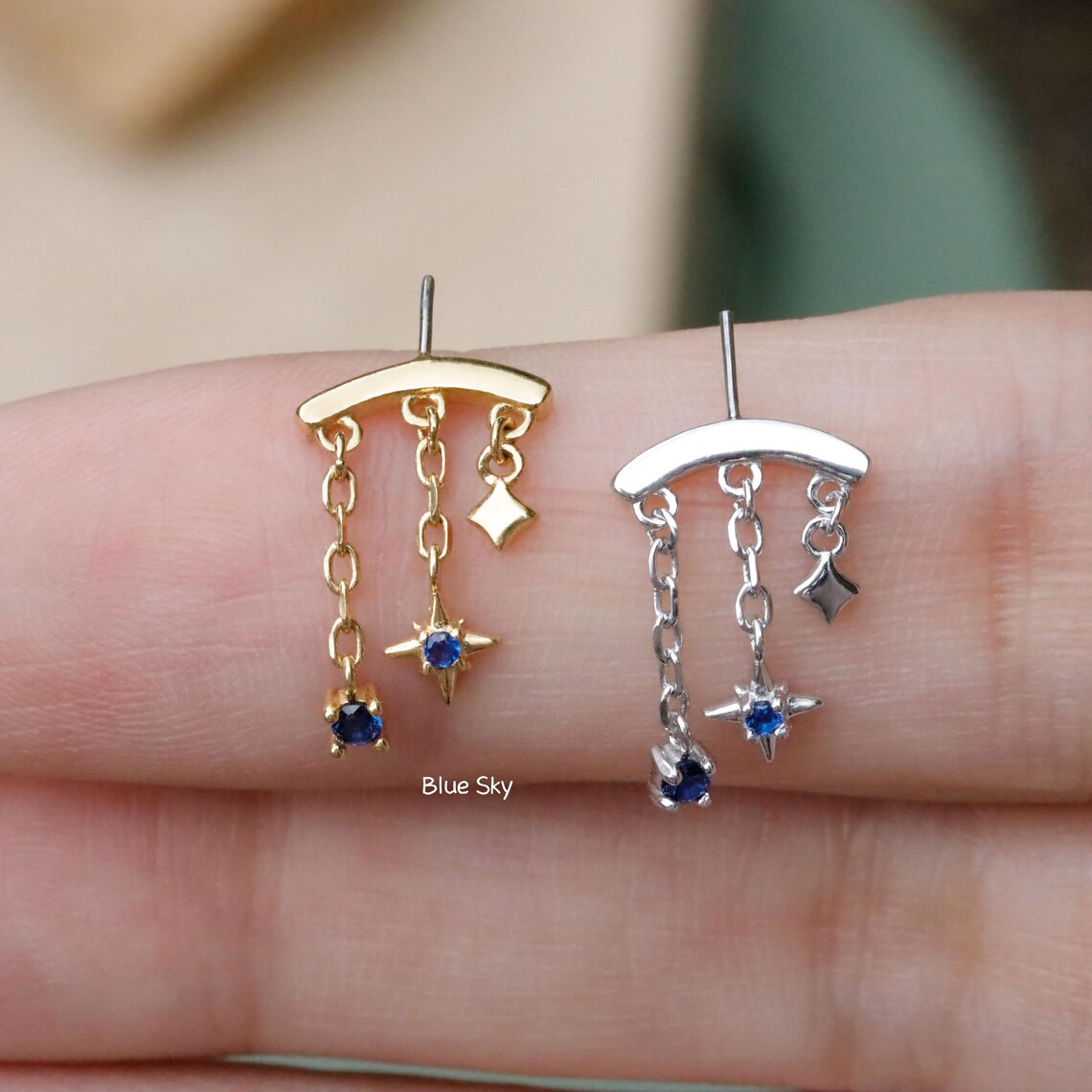 Right Ear Vertical Helix Dangle Earrings Blue Gems/ Star Chain ...