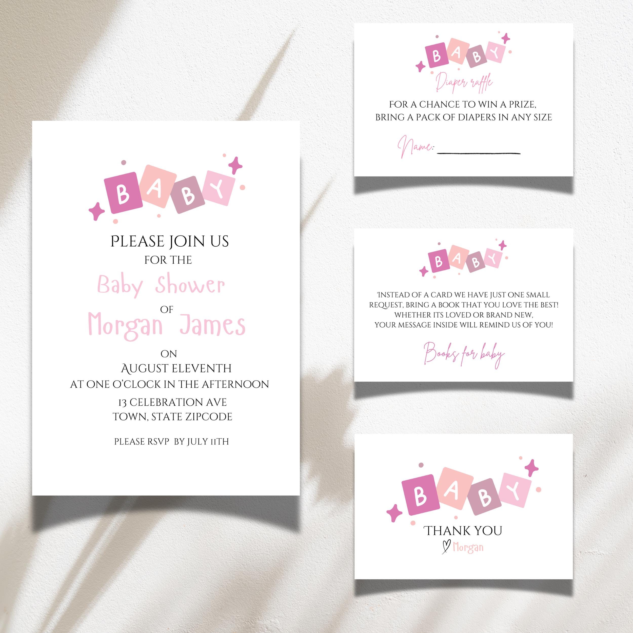 Editable Pink Baby Blocks Baby Shower Invitation Bundle - Instant ...
