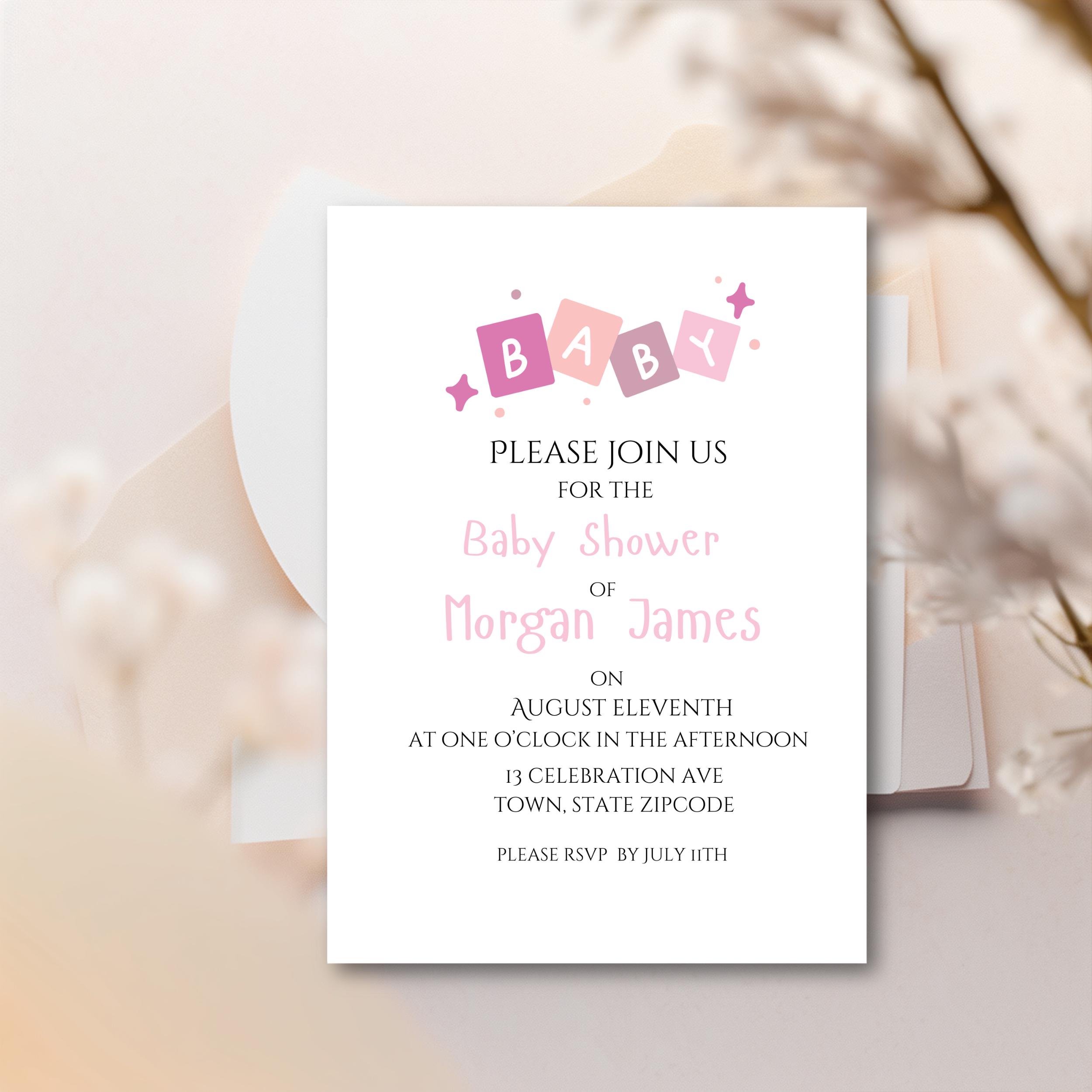 Editable Pink Baby Blocks Baby Shower Invitation Bundle - Instant ...