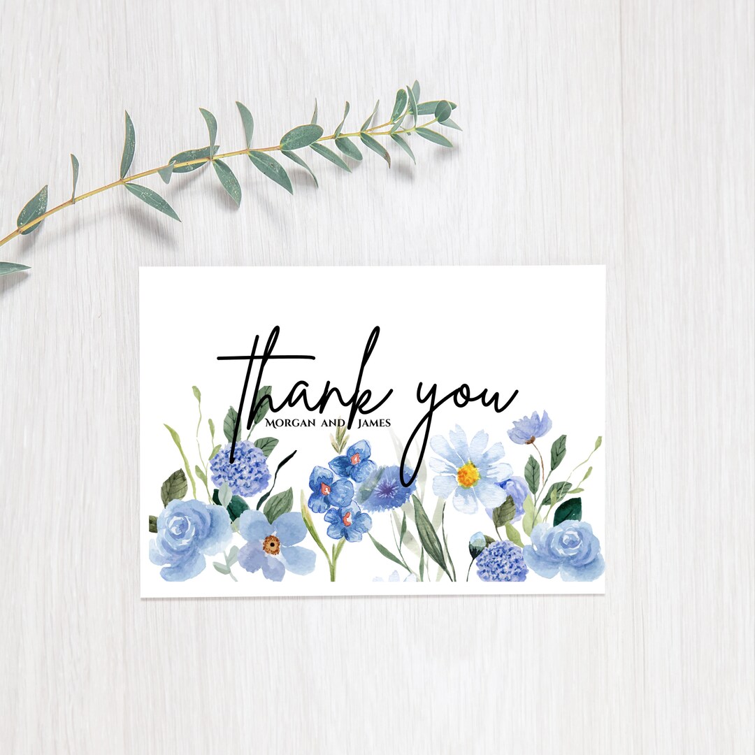 Personalized Summer Wedding Thank You Note - Blue Floral Editable ...
