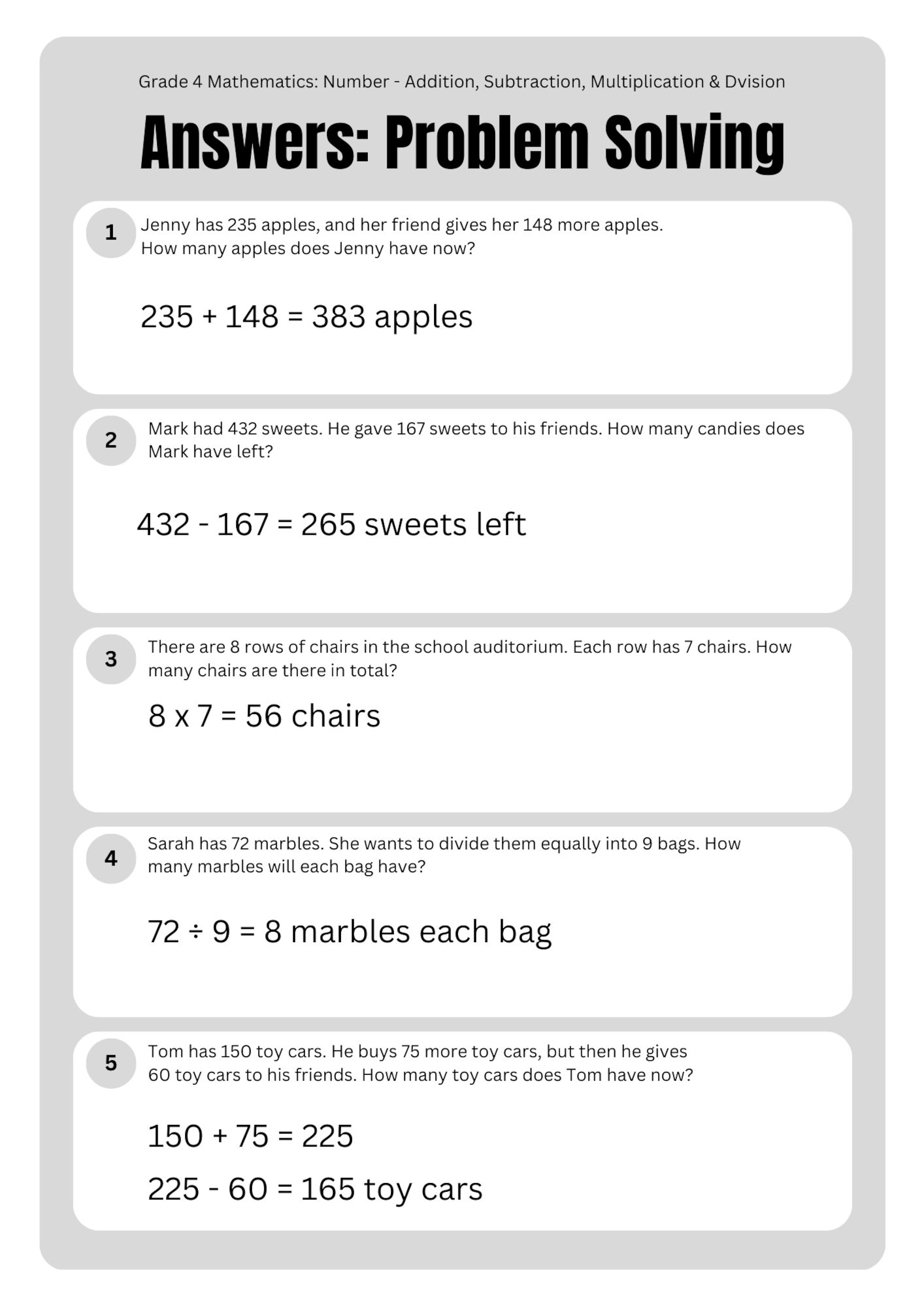 Primary/elementary School Maths Problem Solving Word Problems Worksheet ...