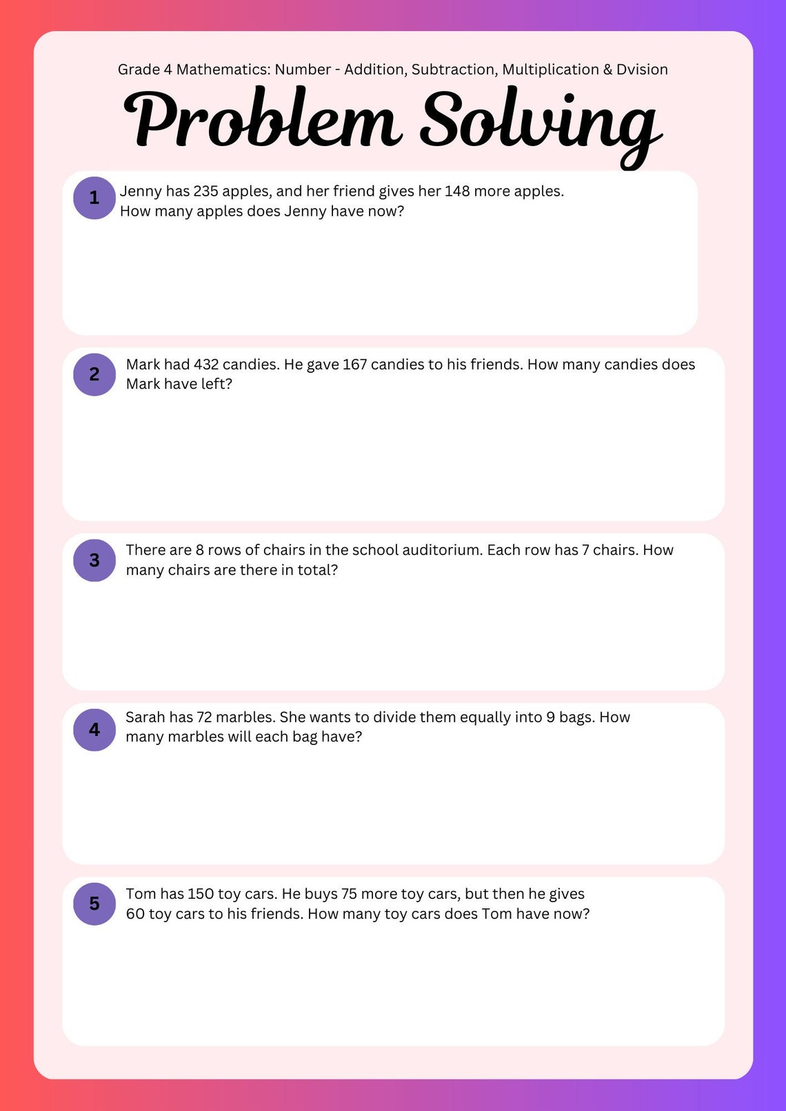 Primary/elementary School Maths Problem Solving Word Problems Worksheet ...