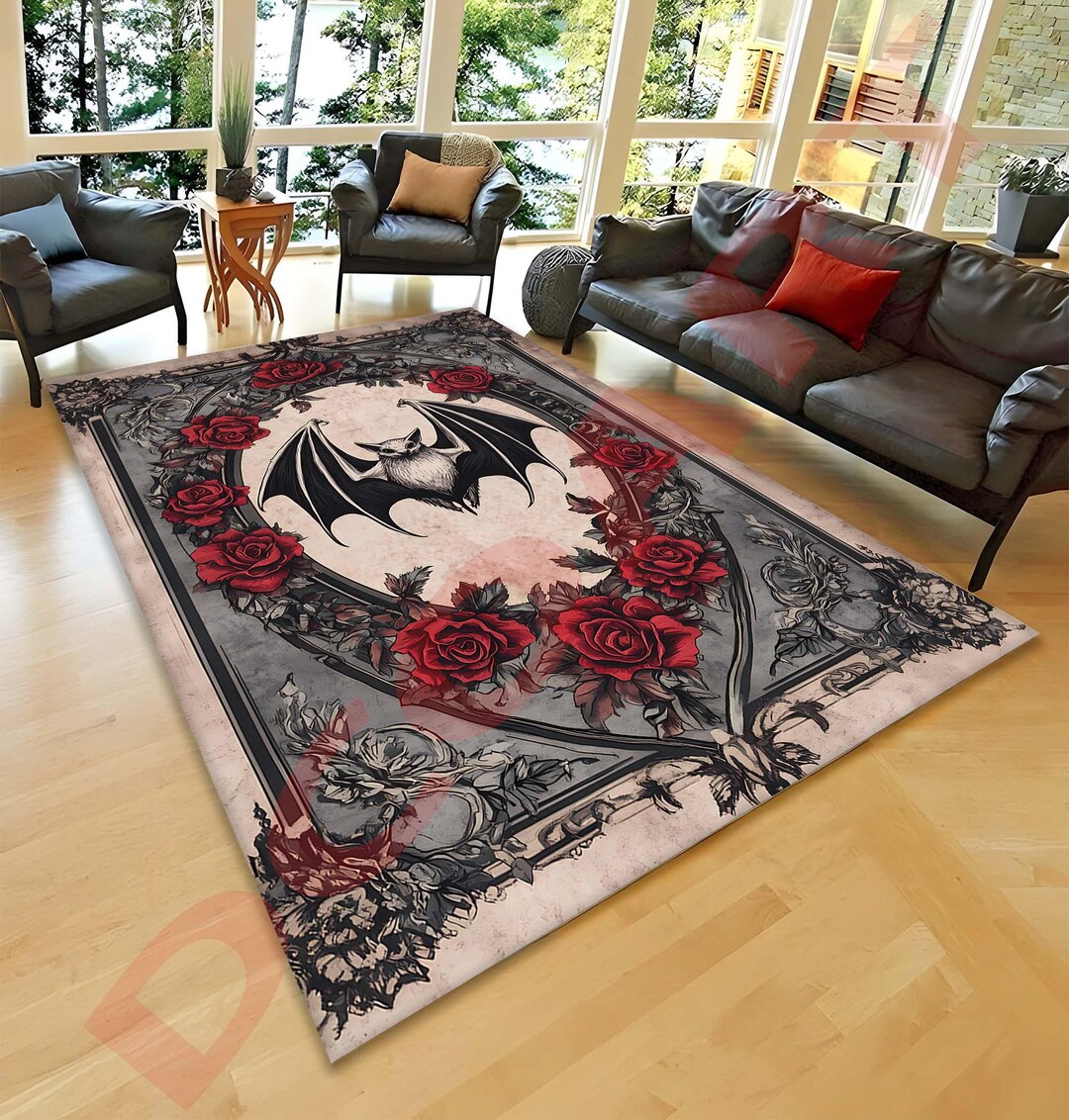 Gothic Bat Rug With Red Roses and Floral Frame, Dark Academia Area Rug ...