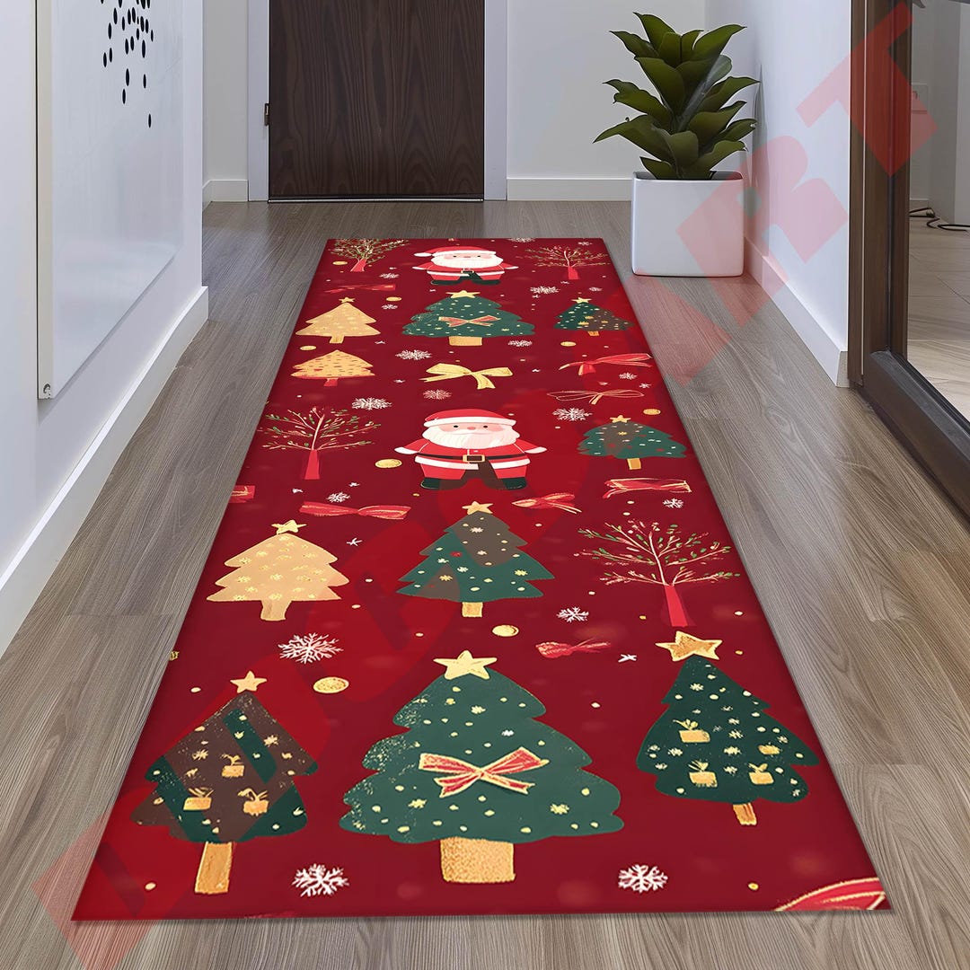Christmas Runner Rug – Santa Tree Holiday Décor, Red Festive Hallway ...