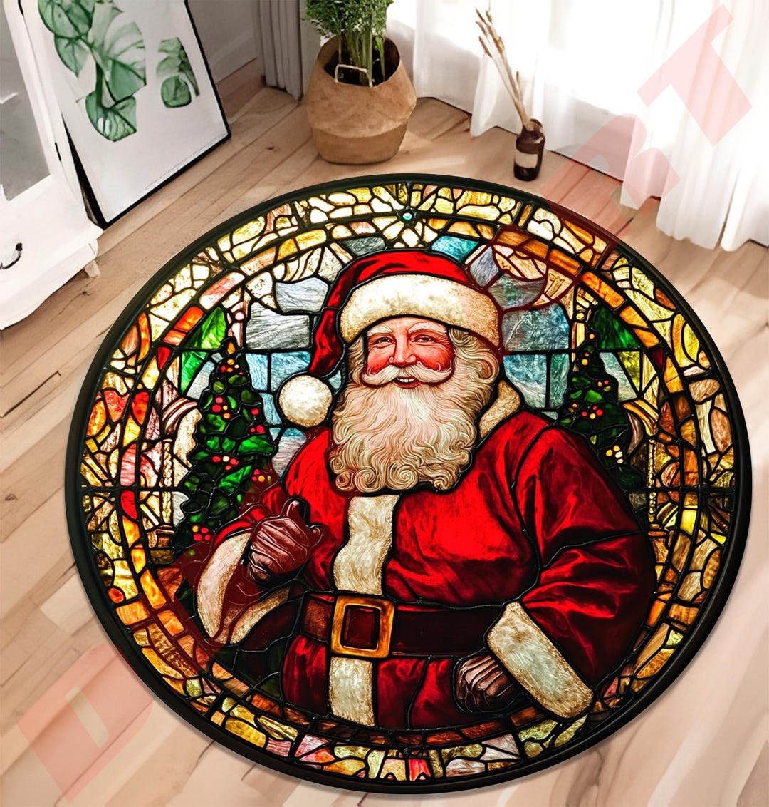 Stained Glass Santa Claus Round Rug Vintage Christmas Holiday Decor ...