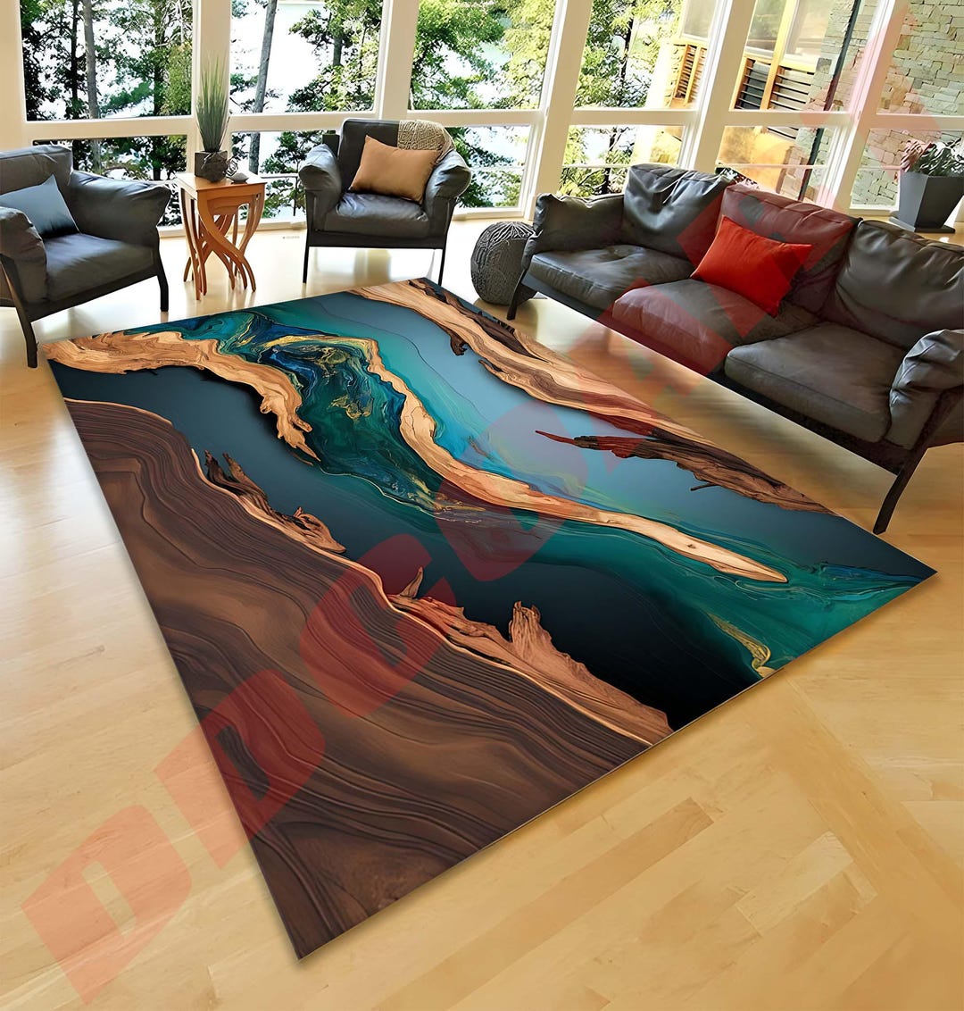 Wood & Resin River Rug - Abstract Nature Flow Rug- Unique Epoxy River ...