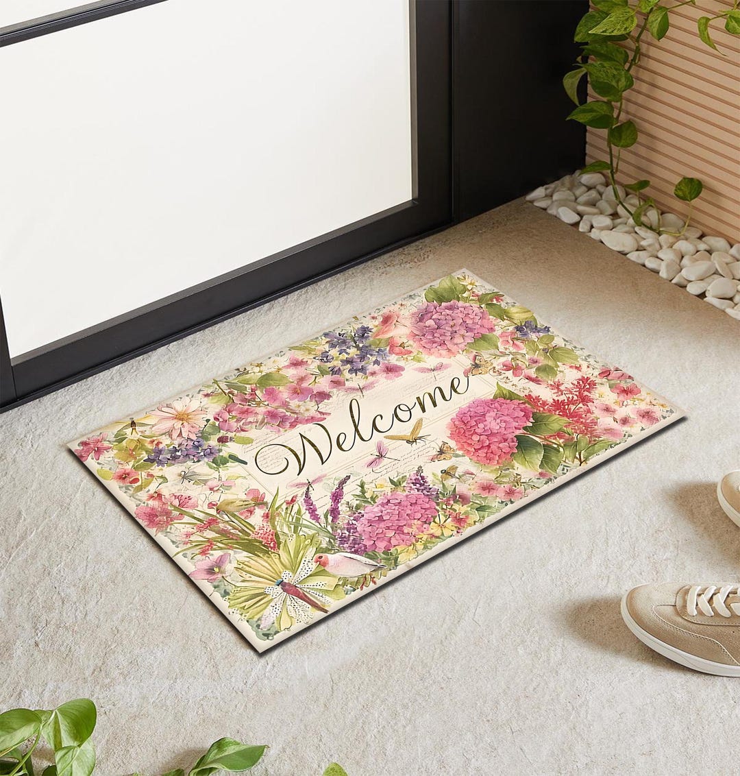 Floral Welcome Doormat: Vintage Flower Entryway Rug - Etsy