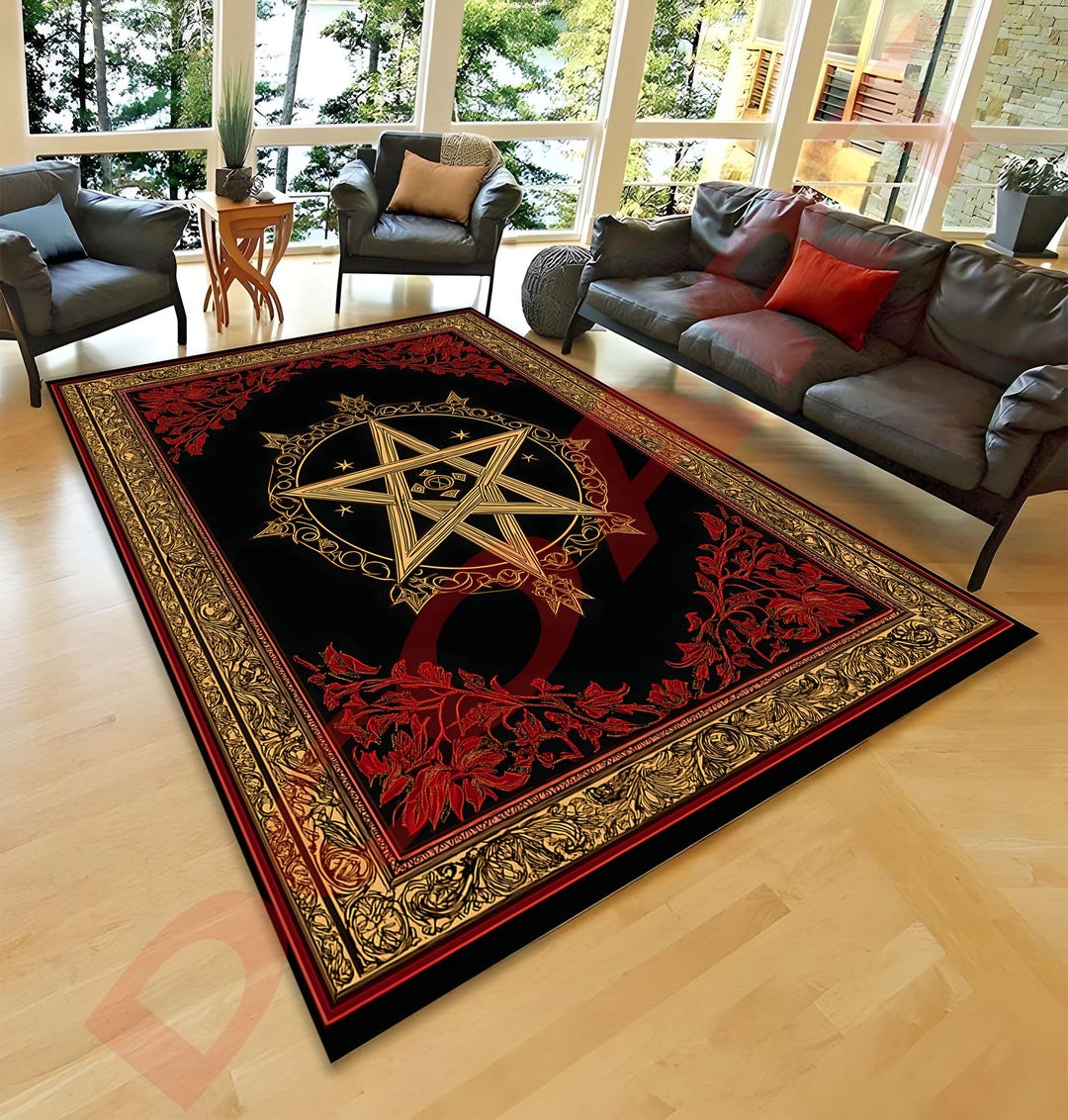 Pentagram Area Rug: Golden Red Occult Design, Gothic Decor - Etsy