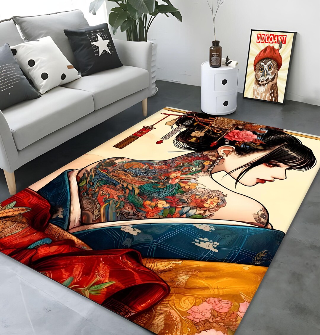 Anime Rug, Japanese Geisha Tattoo Rug, Vibrant Oriental Design for ...