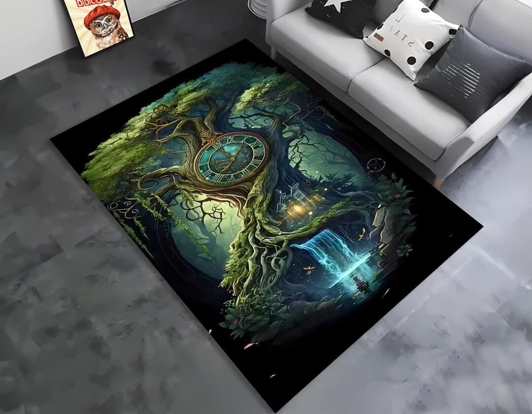 Enchanted Forest Tree Clock Rug – Mystical Nature-inspired Living Room ...