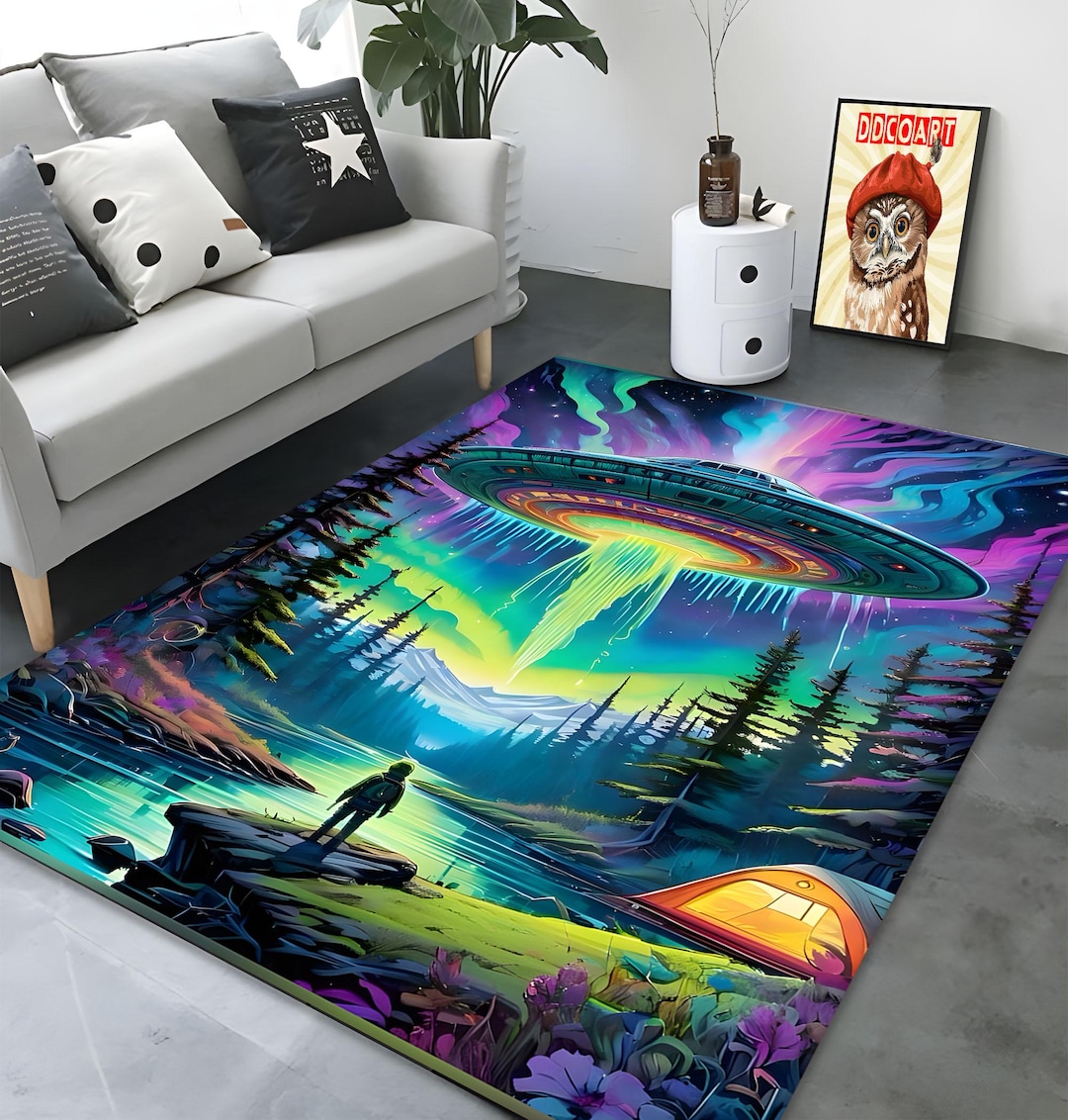 Colorful UFO Scene Area Rug for Living Room, Sci-fi Alien Abduction ...