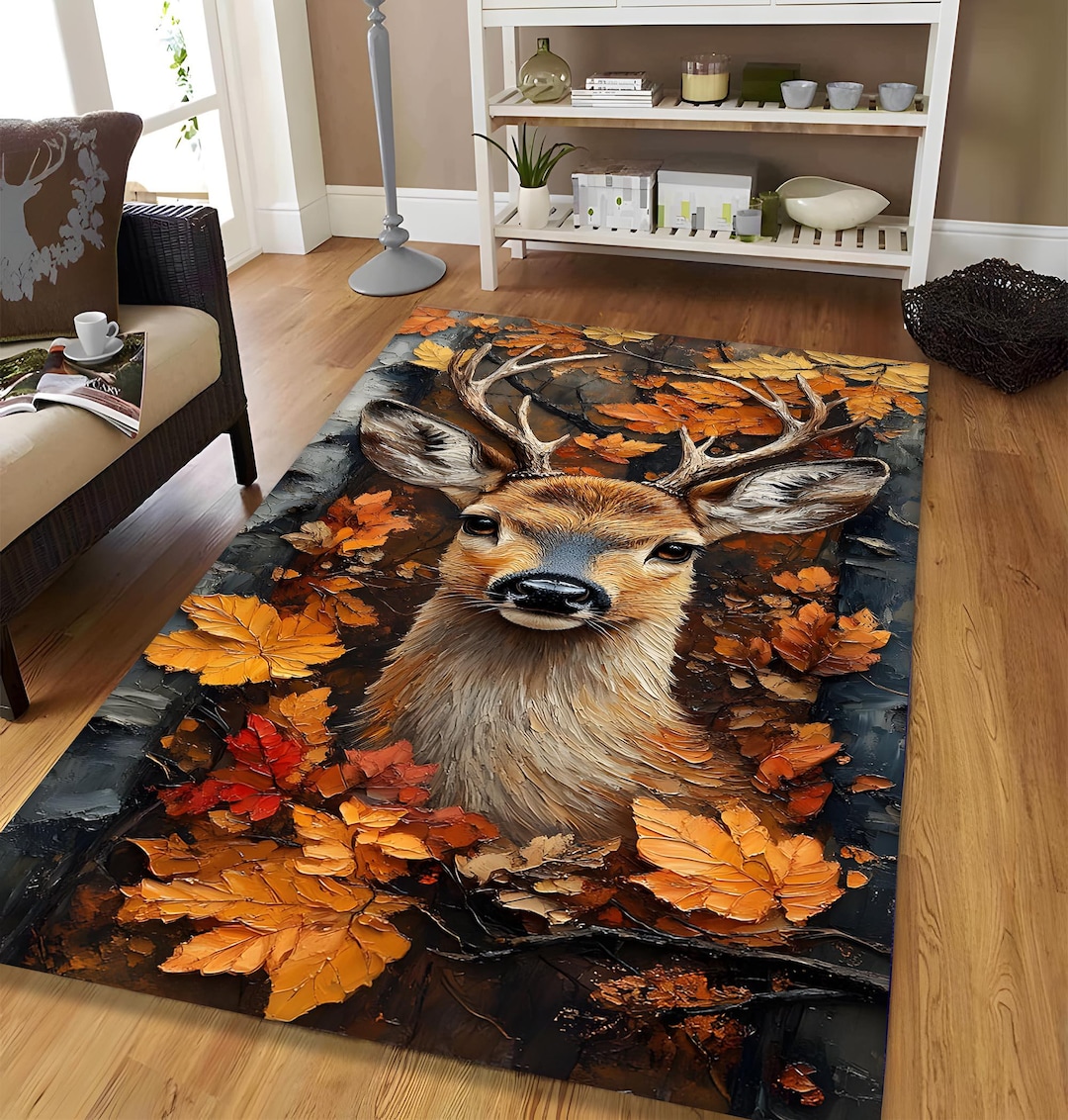 Personalized Autumn Deer Forest Rug for Living Room, Bedroom, Nature ...