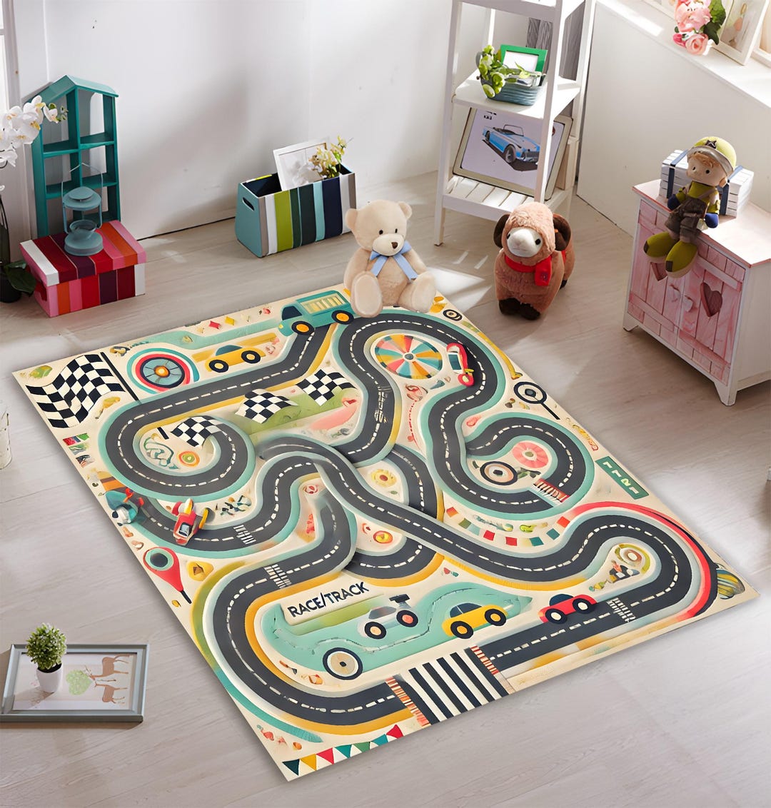 Race Track Rug for Kids, Colorful Race Car Rug, Children's Race Track ...