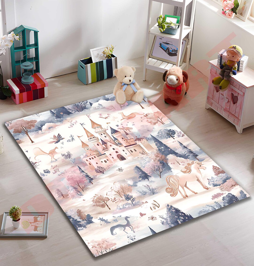 Fairy Tale Castle Rug, Princess Theme Kids Room Carpet, Unicorn and ...