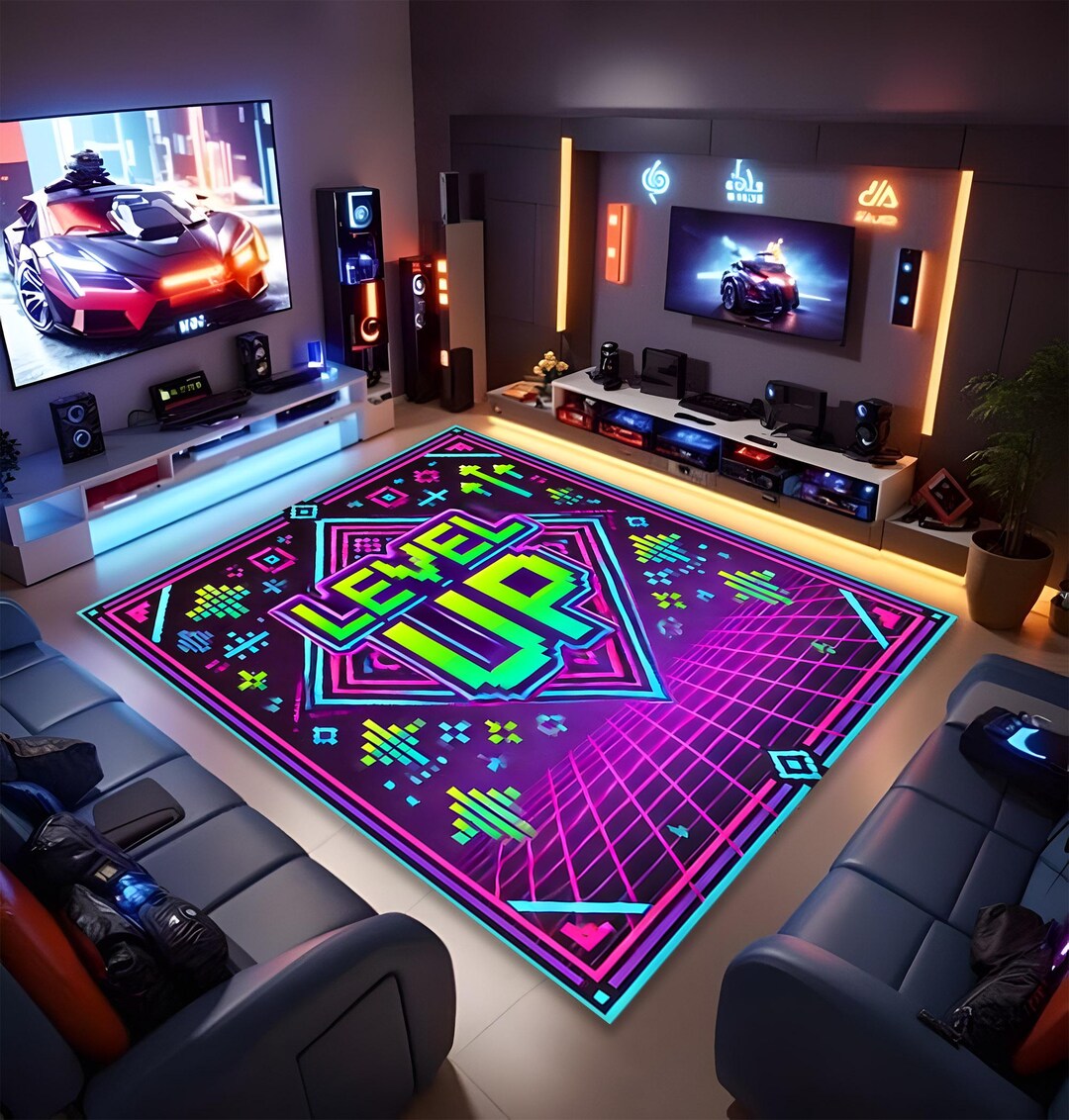 Neon 'level Up' Gaming Rug: Pixel Art Geometric Floor Mat - Etsy