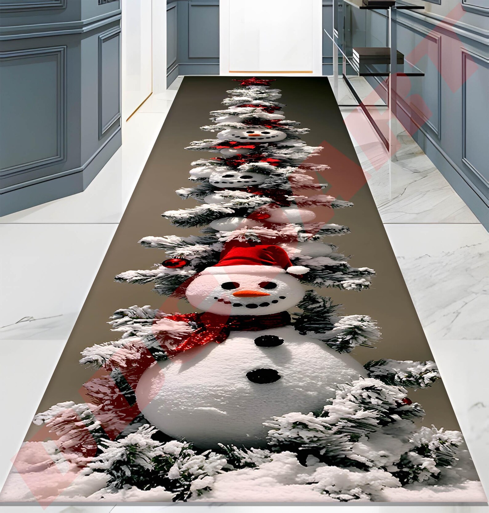 Snowman Mosaic Runner Rug – Winter Holiday Hallway Mat, Xmas Rug ...