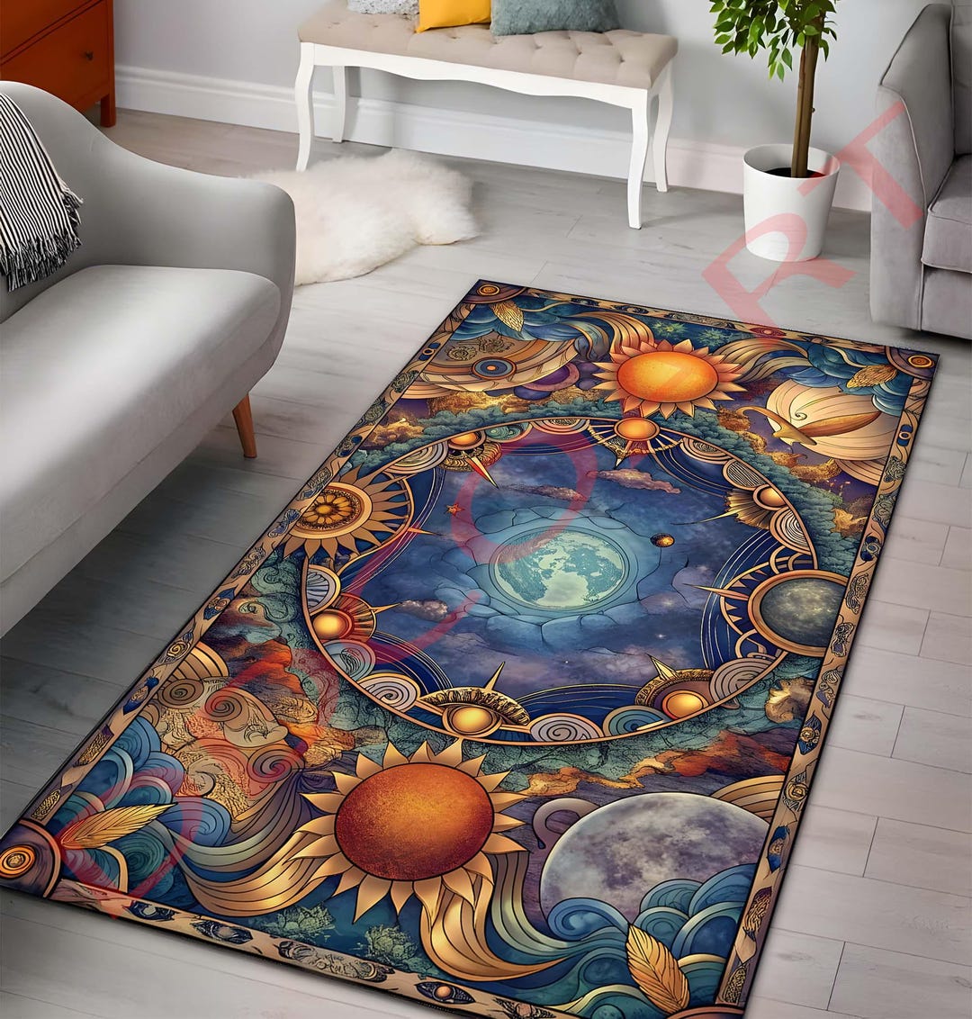 Celestial Sun and Moon Rug: Cosmic Boho Astrology Decor - Etsy