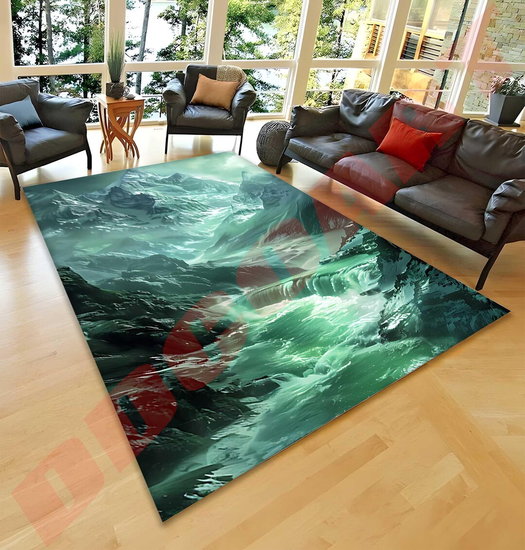 Mountain River Rug: Green Nature Scene, Non-slip Cotton Base - Etsy
