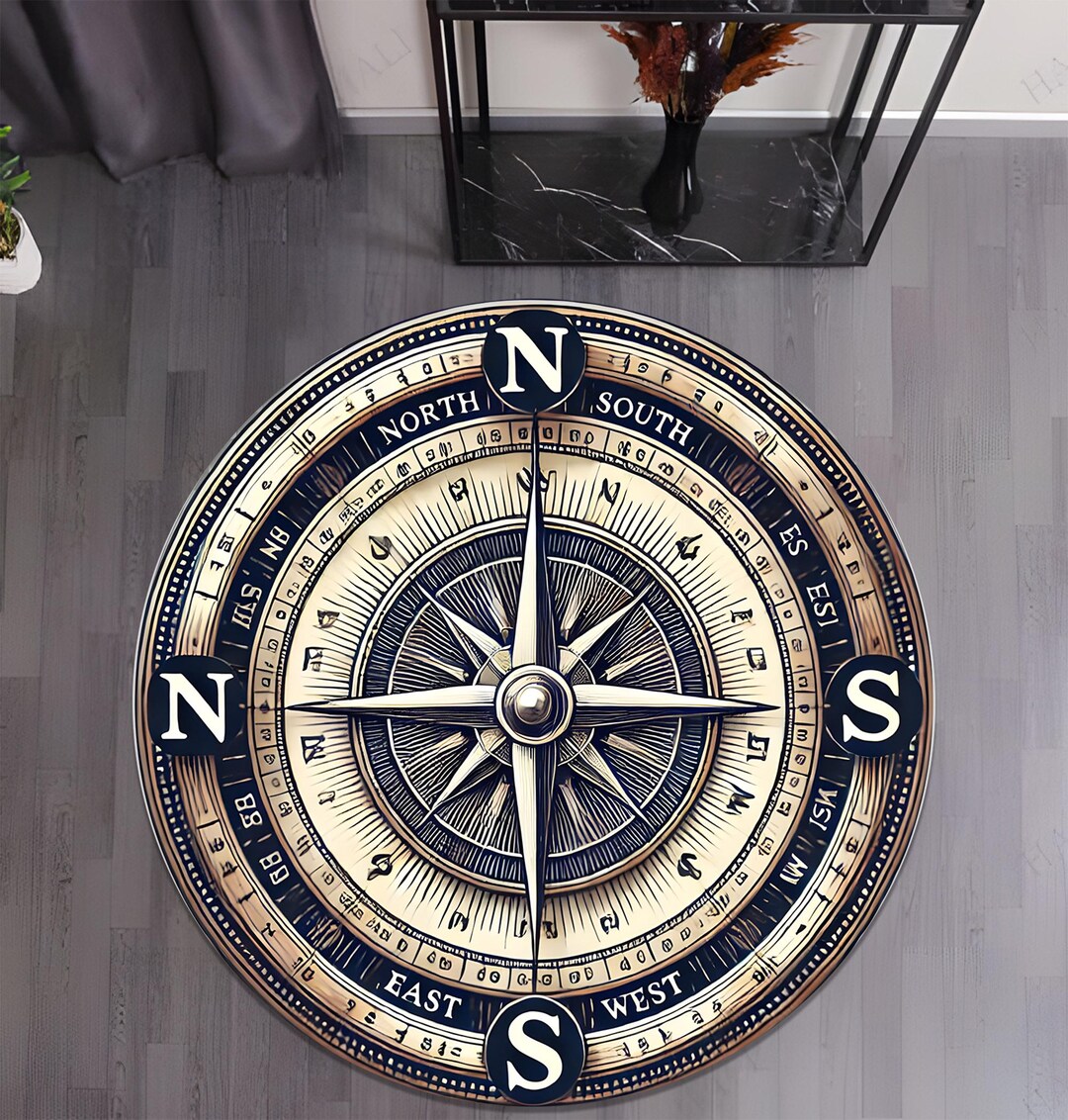 Nautical Compass Round Rug, Vintage Style Navigation Decor for ...