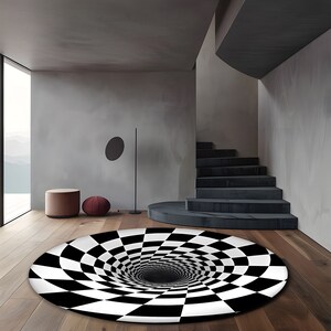 Illusion Rug, 3D Rug, Round Rug, Optical Illusion, Checkered Rug, Black ...