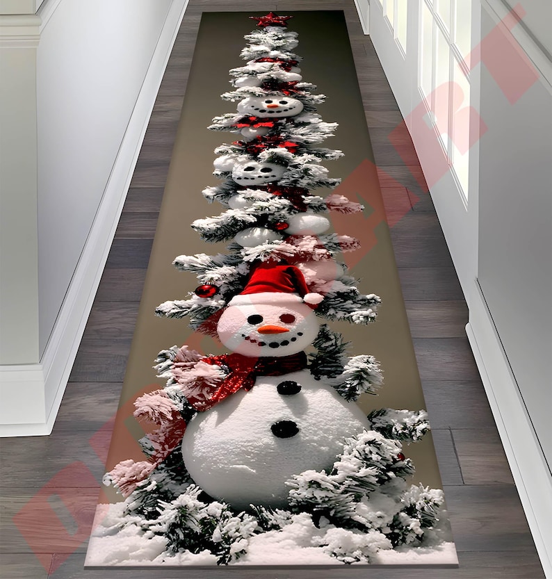 Snowman Mosaic Runner Rug – Winter Holiday Hallway Mat, Xmas Rug ...