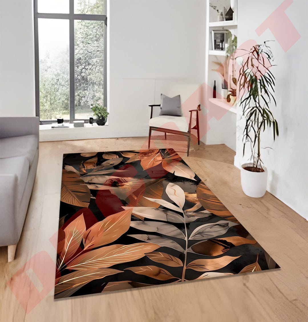Nature-inspired Leaf Motif Rug, Earthy Tones Botanical Design Modern ...