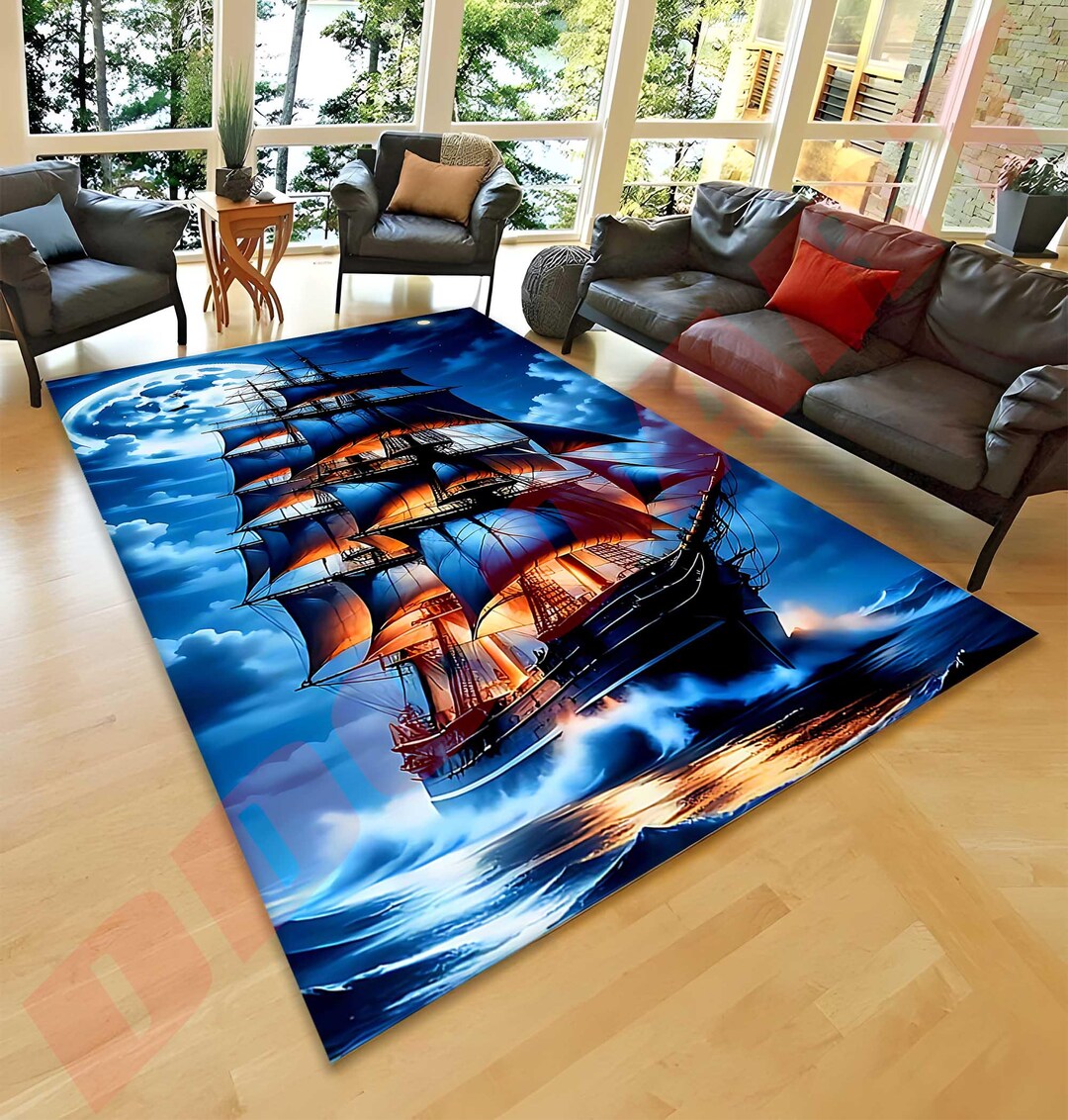 Pirate Ship Rug – Ocean Adventure Area Rug, Nautical Themed Carpet ...