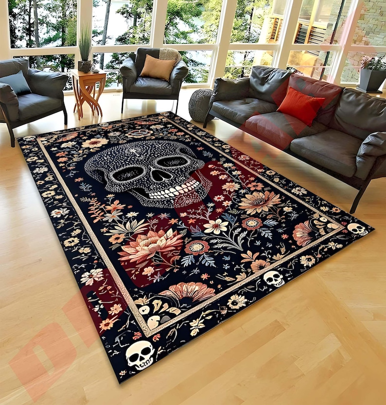 Floral Dark Academia Rug, Gothic Skull Rug, Mystical Boho Skull Mat ...