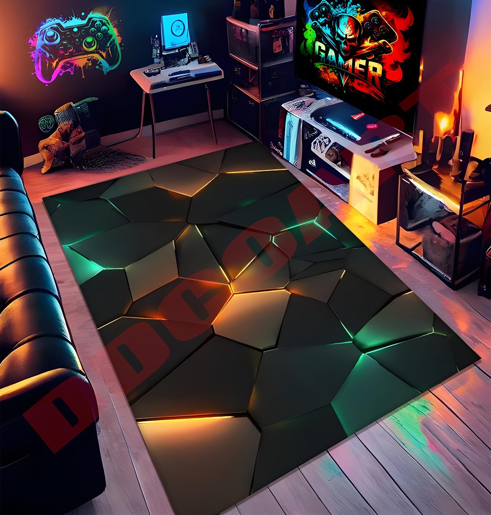 Gaming Rug, Neon Rug, Gamer Room Decor, 3D Rug, Colorful Rug, Custom ...